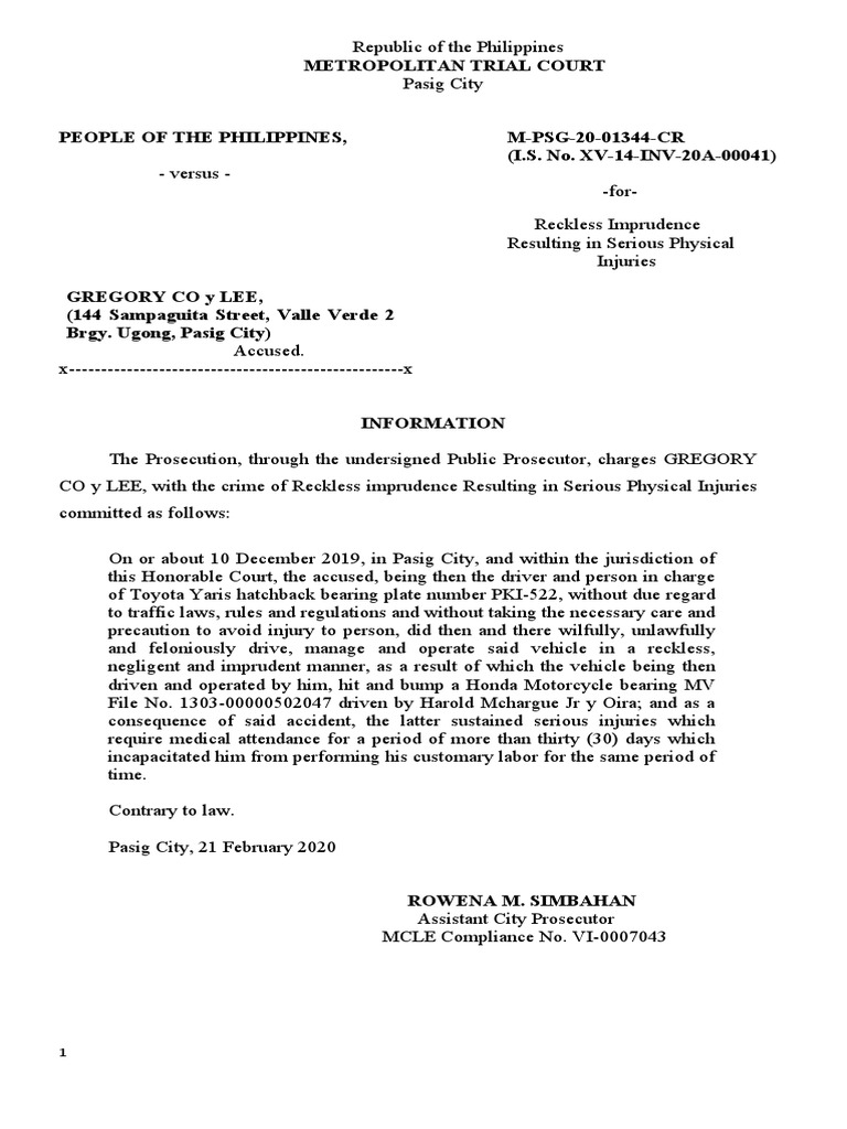 People of the Philippines v. Gregory Co y Lee: Information Charging ...