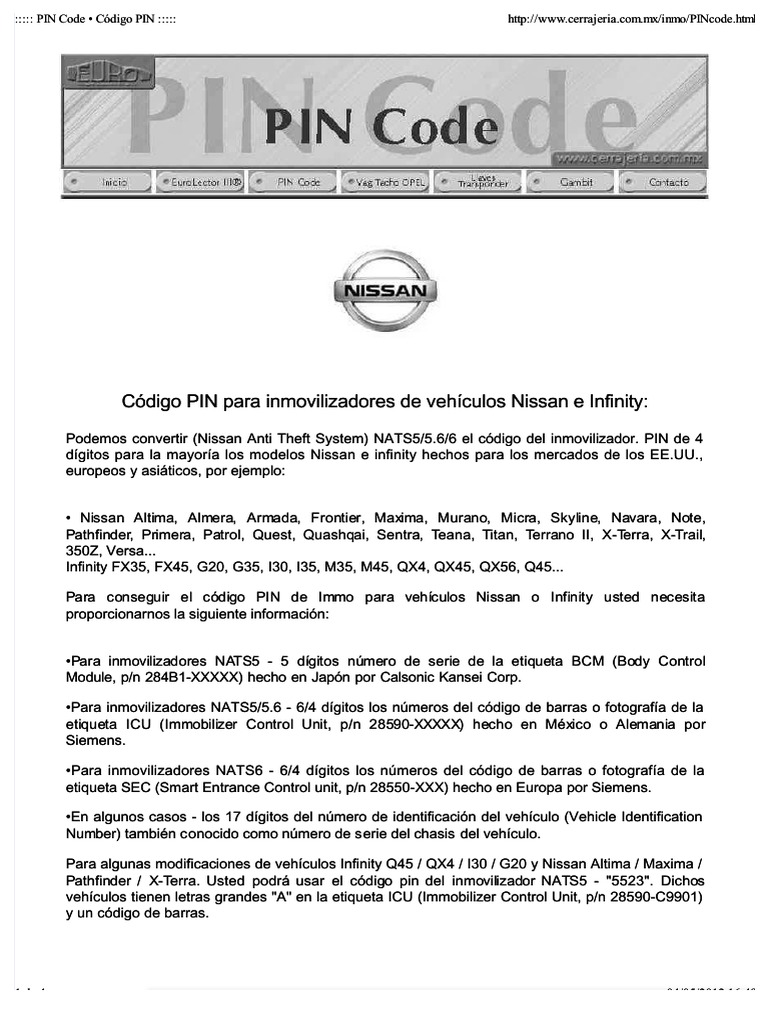 46 NISSAN - Pin Code | PDF | Toyota | Renault
