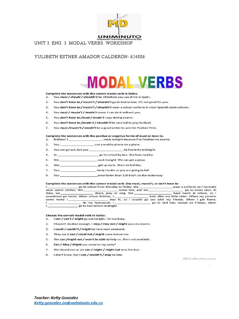 Unit 3. Eng. 3. Modal Verbs. Workshop Yulibeth Esther Amador Calderón ...