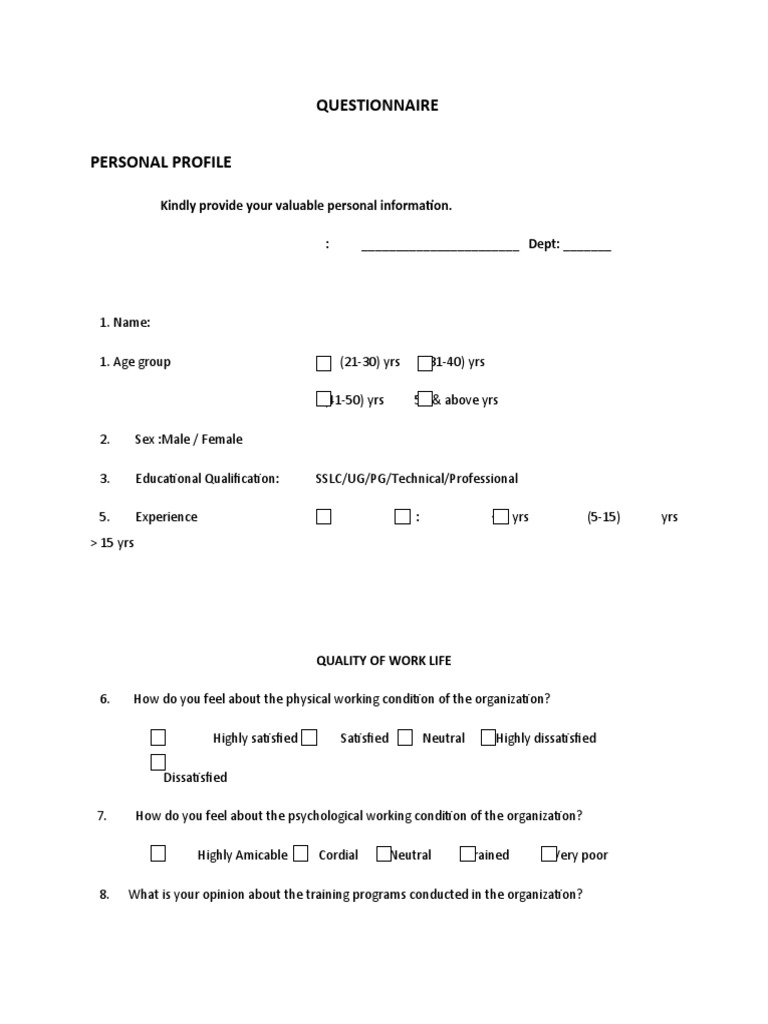 Questionnaire: Kindly Provide Your Valuable Personal Information ...