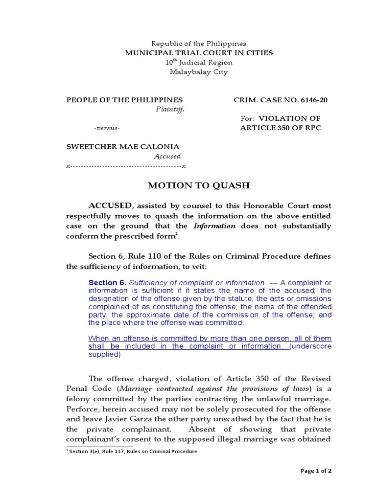 Motion To Quash: Municipal Trial Court in Cities | PDF | Criminal ...