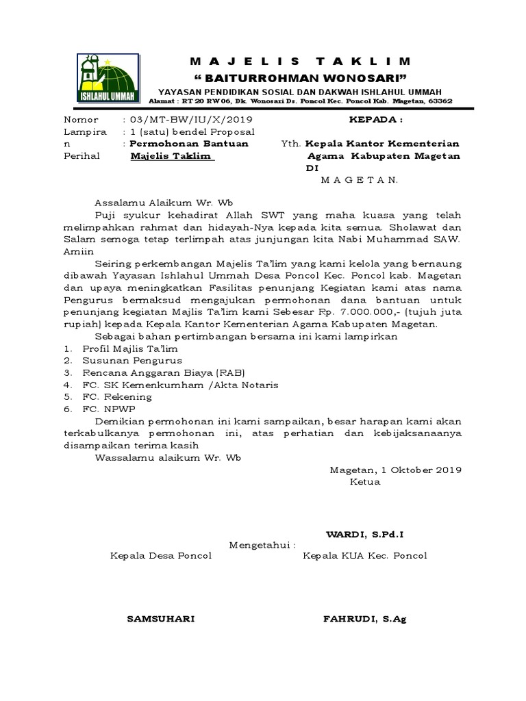 Proposal Bantuan Dana Majelis Taklim | PDF