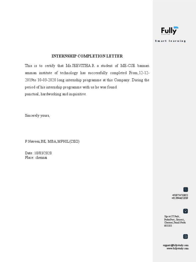 Internship Completion Letter: Smartlearning | PDF