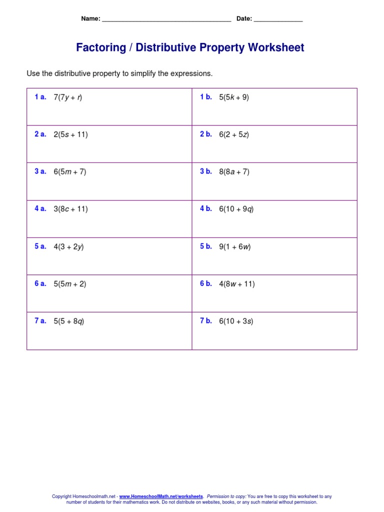 Factoring / Distributive Property Worksheet: Use The Distributive ...