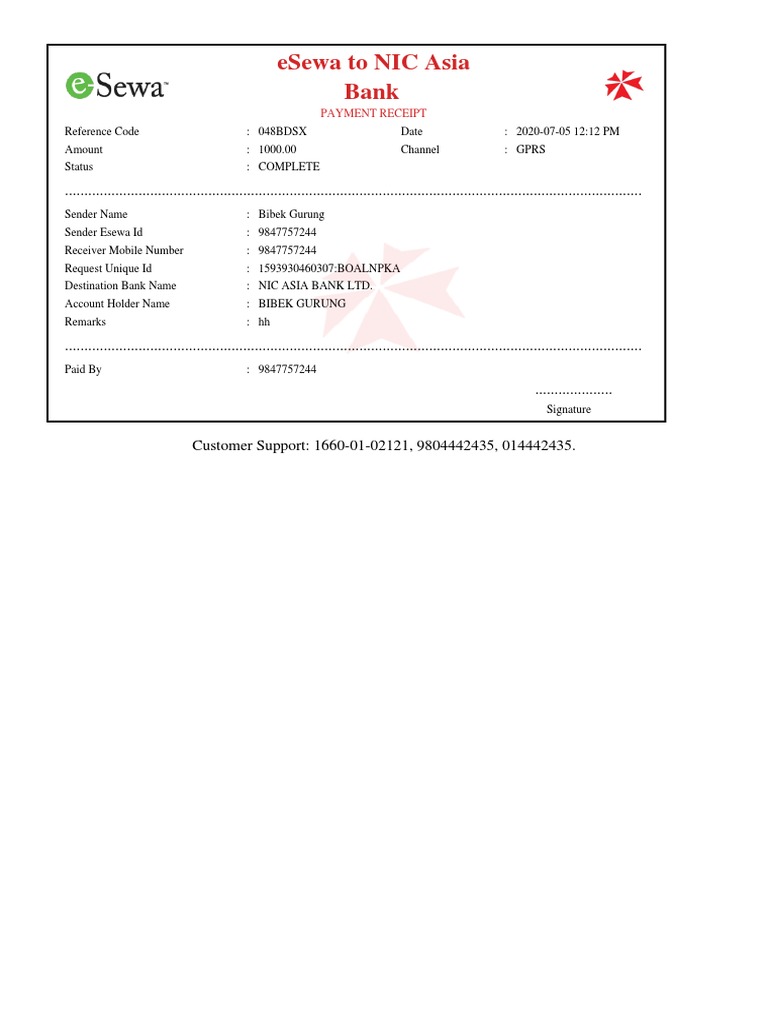 Esewa To Nic Asia Bank: Payment Receipt | PDF