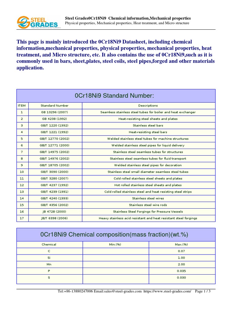 Datasheet For Steel Grades Specialsteel 0Cr18Ni9 | PDF | Stainless ...