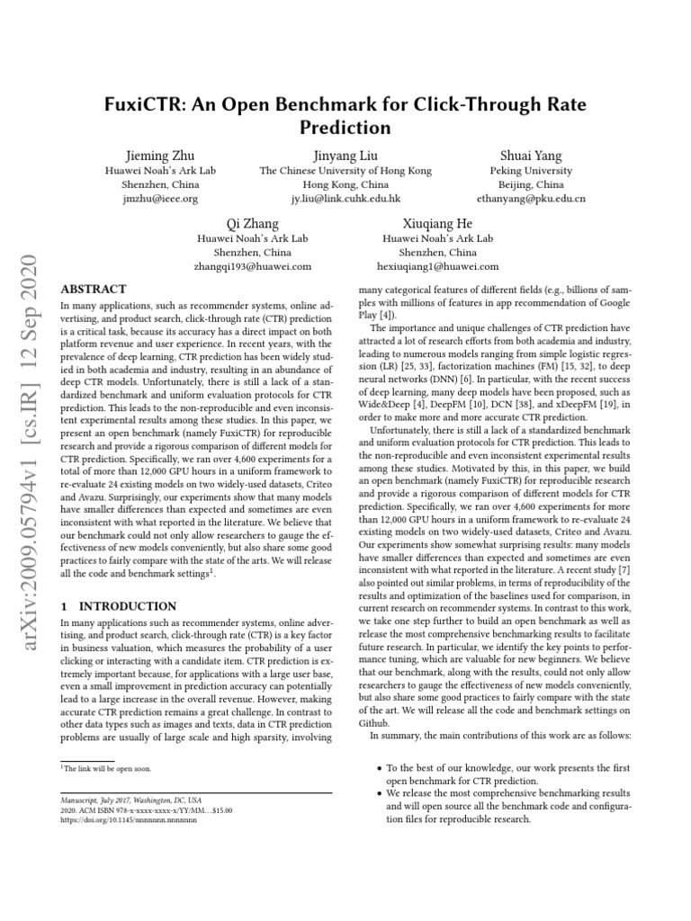 Fuxictr: An Open Benchmark For Click-Through Rate Prediction | PDF | Deep Learning | Receiver ...