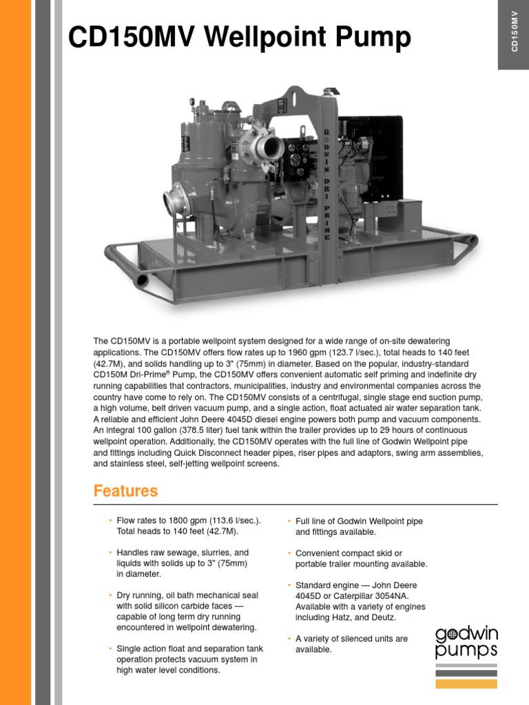 CD150MV Wellpoint Pump: Features | PDF | Pump | Pipe (Fluid Conveyance)