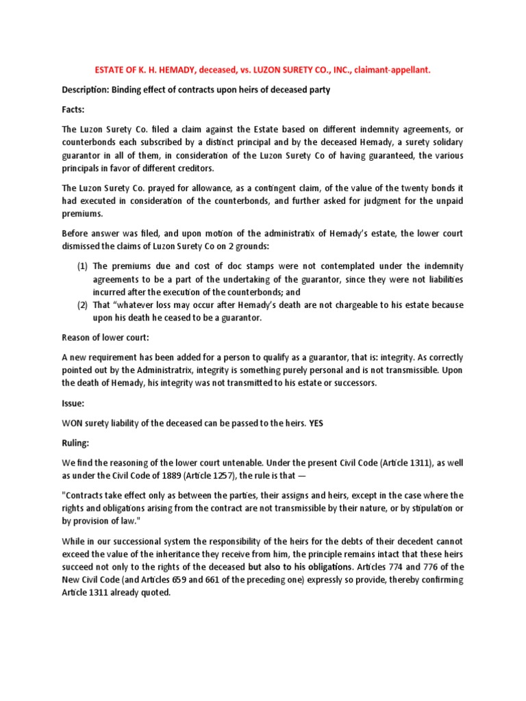 Estate of Hemady v. Luzon Surety Co. Digest | PDF | Surety | Guarantee