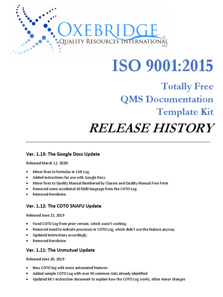 Release History: Totally Free QMS Documentation Template Kit | PDF ...