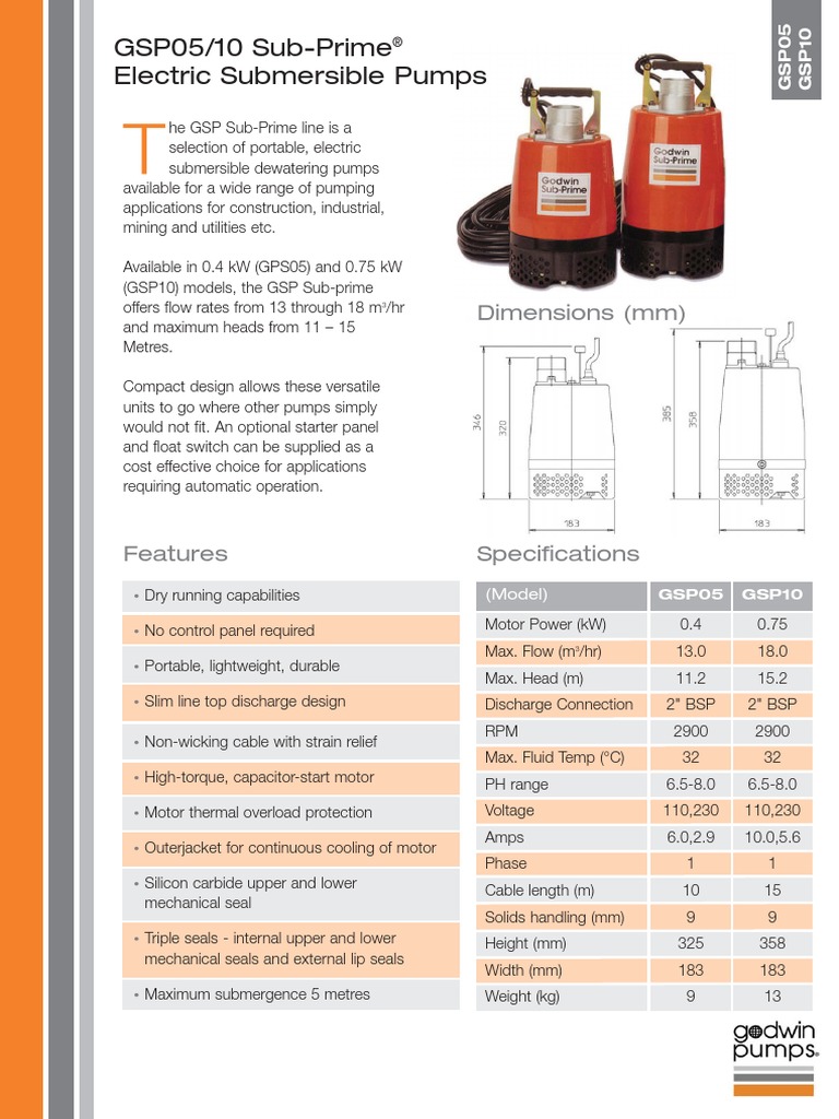 GSP05/10 Sub-Prime Electric Submersible Pumps: Dimensions (MM) | PDF ...