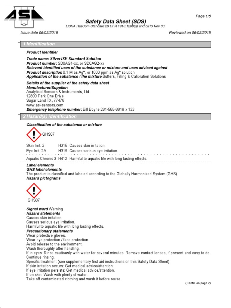 Safety Data Sheet (SDS) : 1 Identification | PDF | Dangerous Goods ...