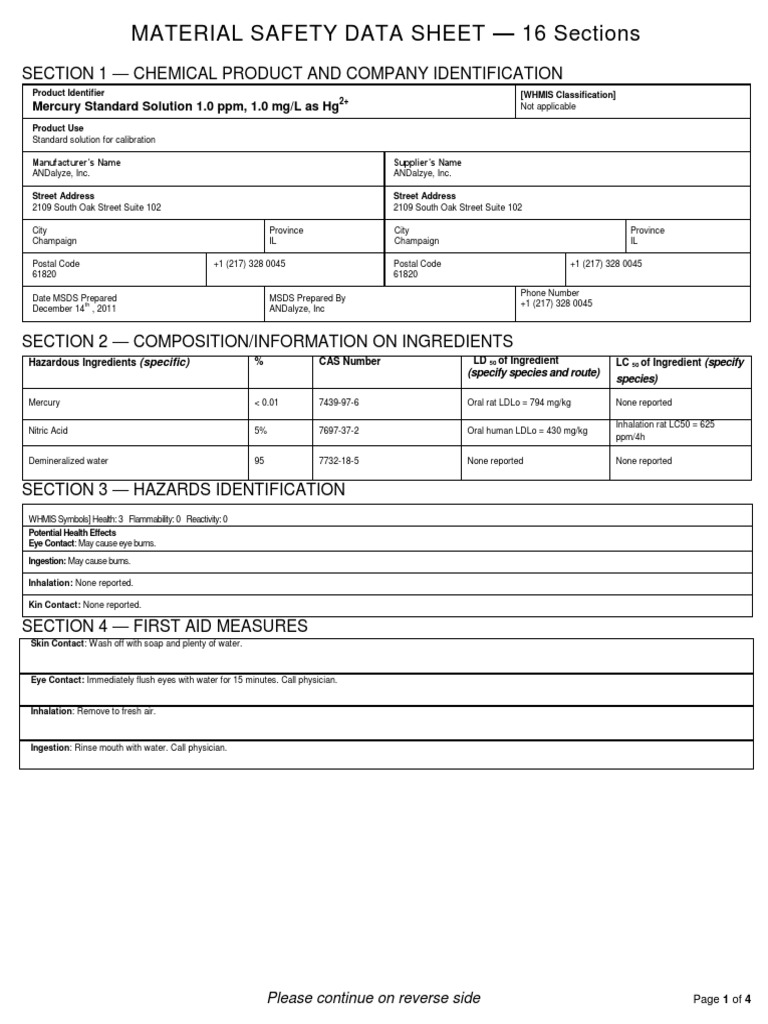 Section 1 - Chemical Product and Company Identification: Mercury ...
