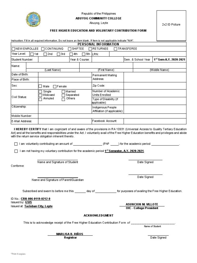 Free Higher Education and Voluntary Contribution Form | PDF | Learning ...