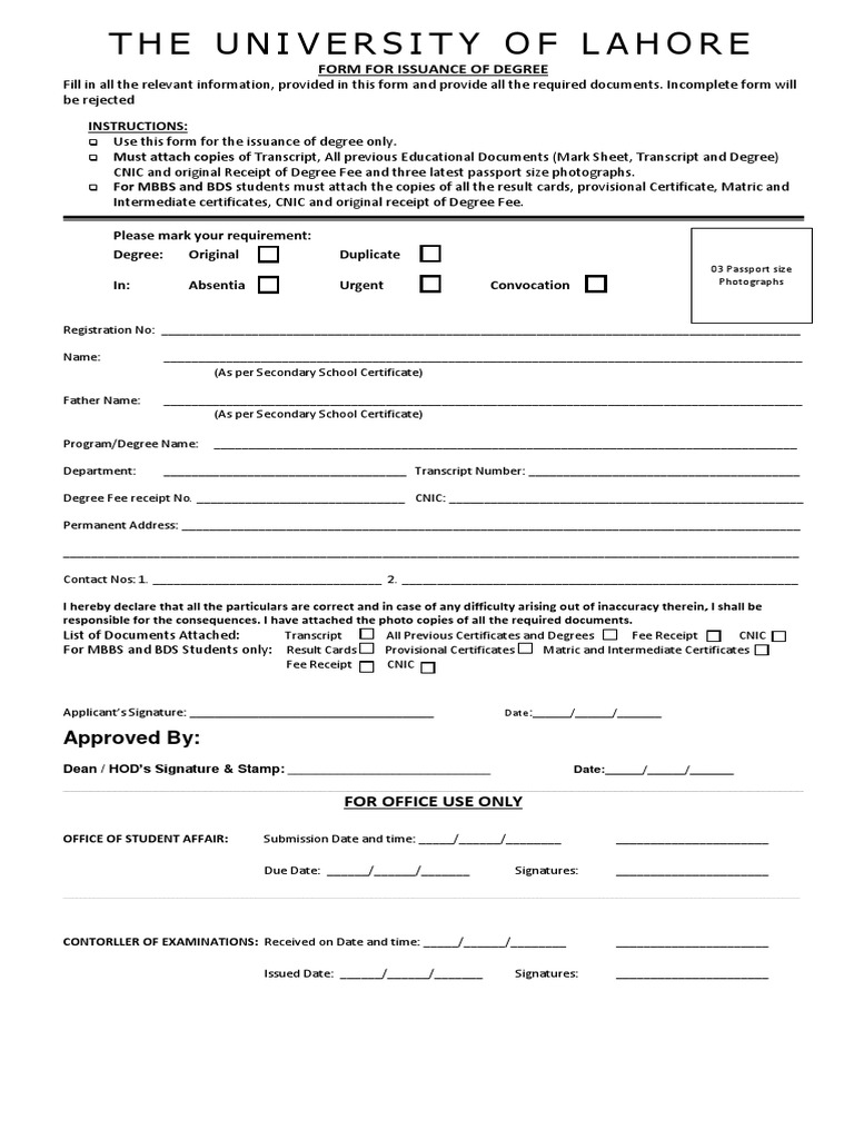 The University of Lahore: Form For Issuance of Degree | PDF ...