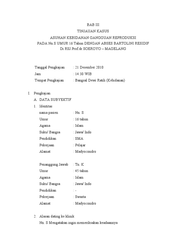 Asuhan Kebidanan Abses Bartolini Nn.S 16 Tahun | PDF