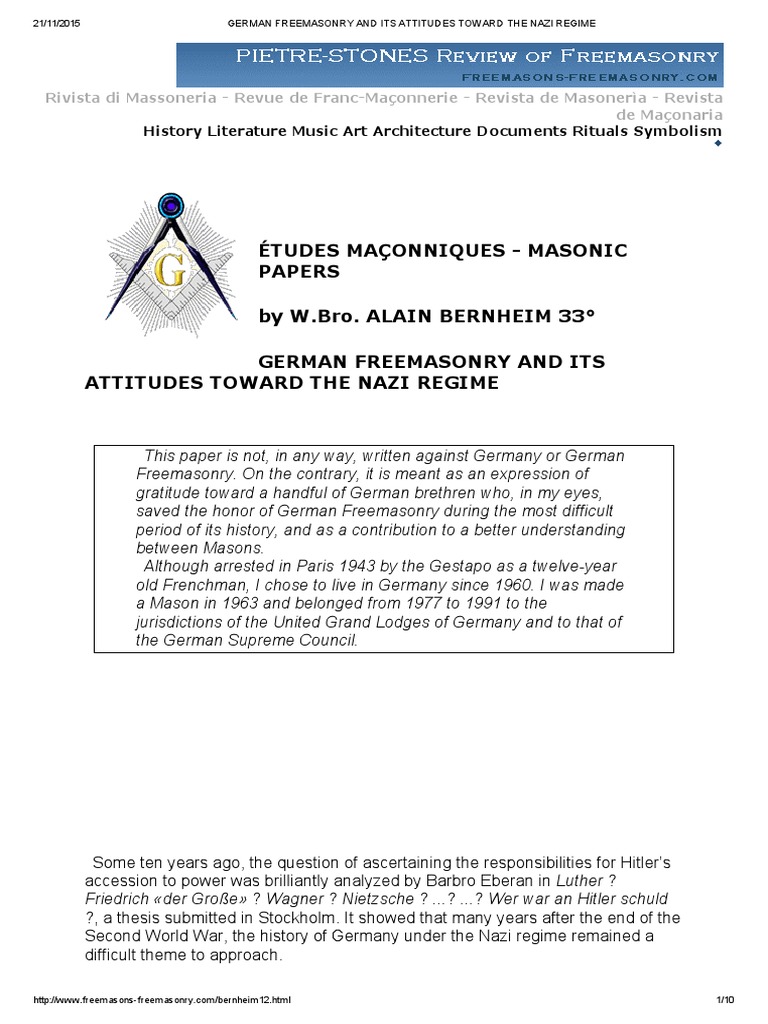 0A GERMAN FREEMASONRY AND ITS ATTITUDES TOWARD THE NAZI REGIME Alain ...