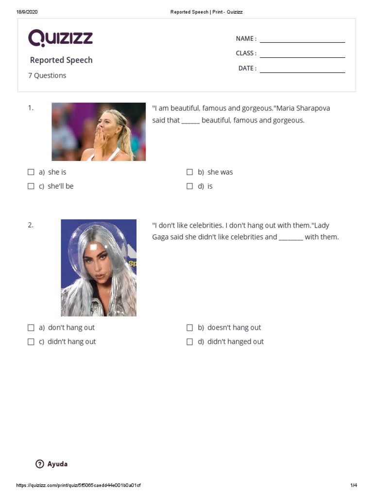 Reported Speech - Print - Quizizz | PDF