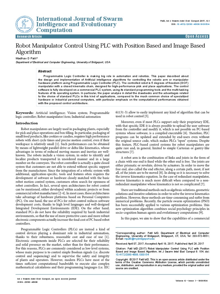 Robot Manipulator Control Using PLC With Position Based and Image Based Algorithm 2090 4908 ...