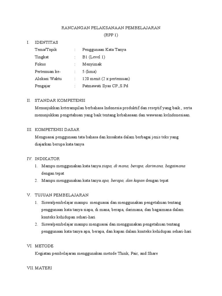 RPP Bipa 1 | PDF | Karier & Perkembangan
