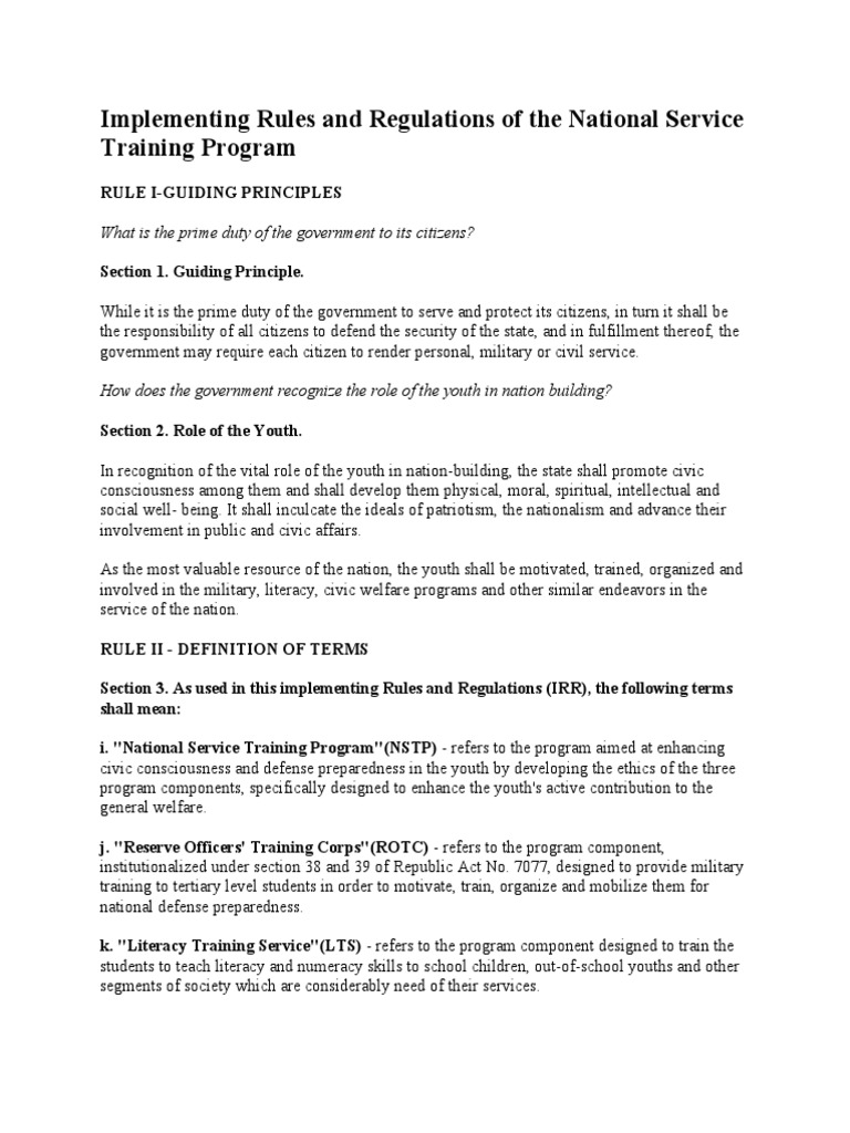 Implementing Rules and Regulations of The National Service Training ...