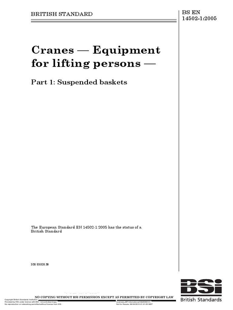 Cranes-Equipment For Lifting Persons BS EN 14502-1 PDF | PDF | Crane ...