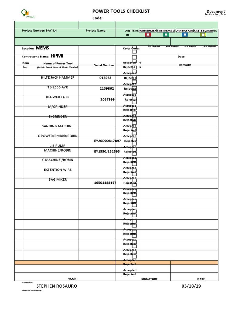 Power Tools Inspection Form | PDF | Manufactured Goods
