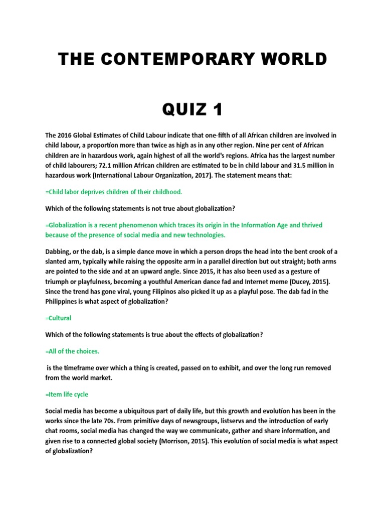 The Contemporary World Quiz 1: Child Labor Deprives Children of Their ...