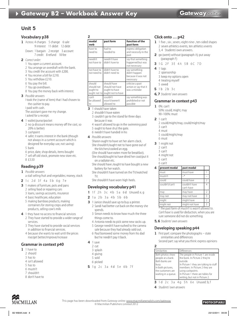 Gateway B2 - Workbook Answer Key: Unit 5 | PDF | Overdraft | Banking