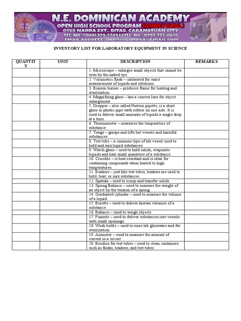 Laboratory Equipment Inventory List | PDF | Laboratory Equipment ...