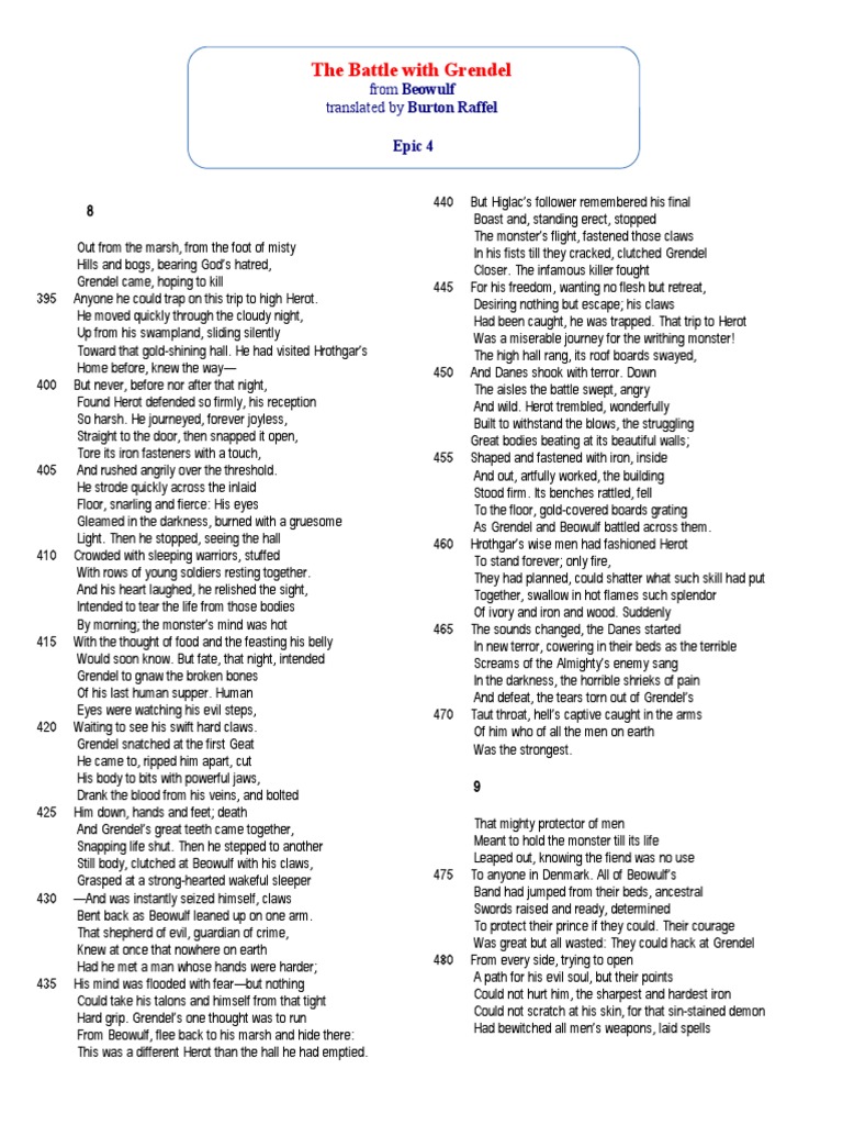 The Battle With Grendel: From Beowulf Translated by Burton Raffel | PDF ...