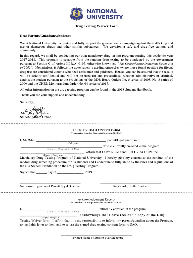 Drug Testing Waiver Form: Dear Parents/Guardians/Students | PDF ...