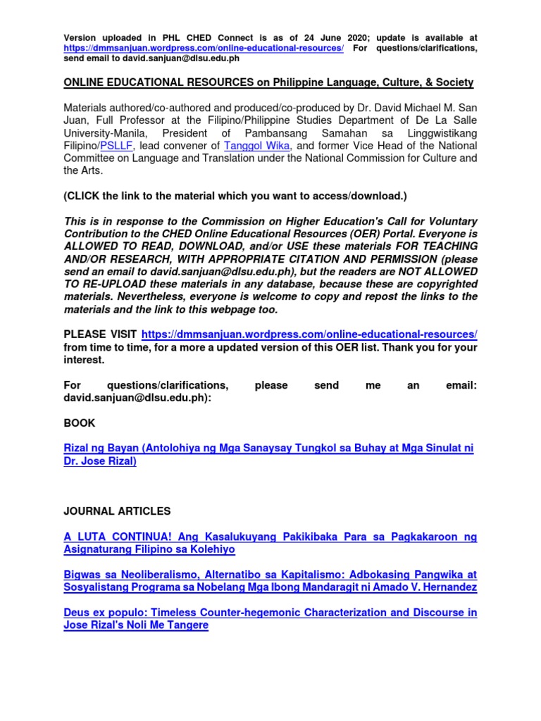 ONLINE EDUCATIONAL RESOURCES On Philippine Language, Culture, & Society ...