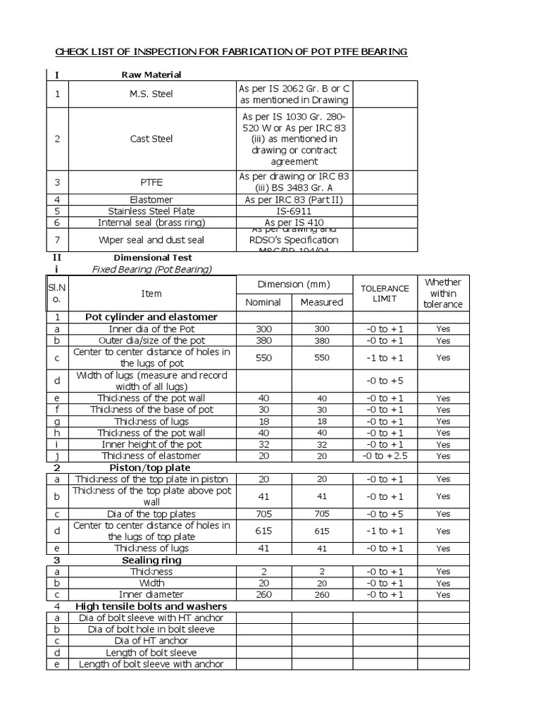 Check List of Inspection For Fabrication of Pot Ptfe Bearing I ...
