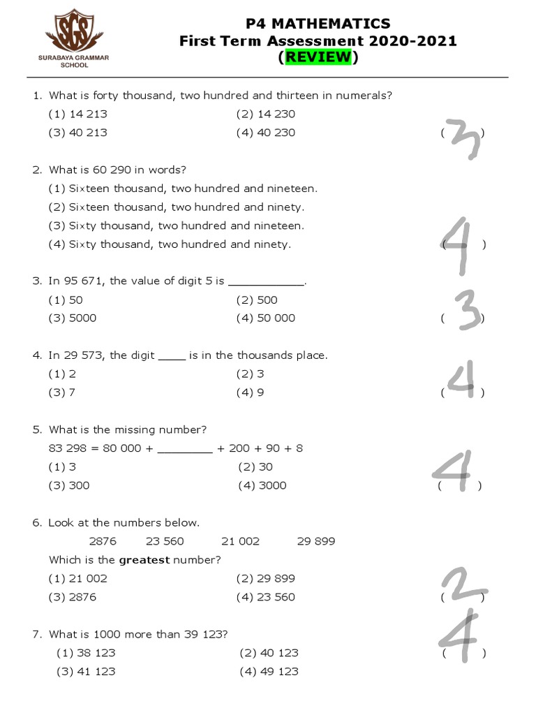 (REVIEW) P4 MATHEMATICS First Term Assessment 2020-2021 | PDF ...