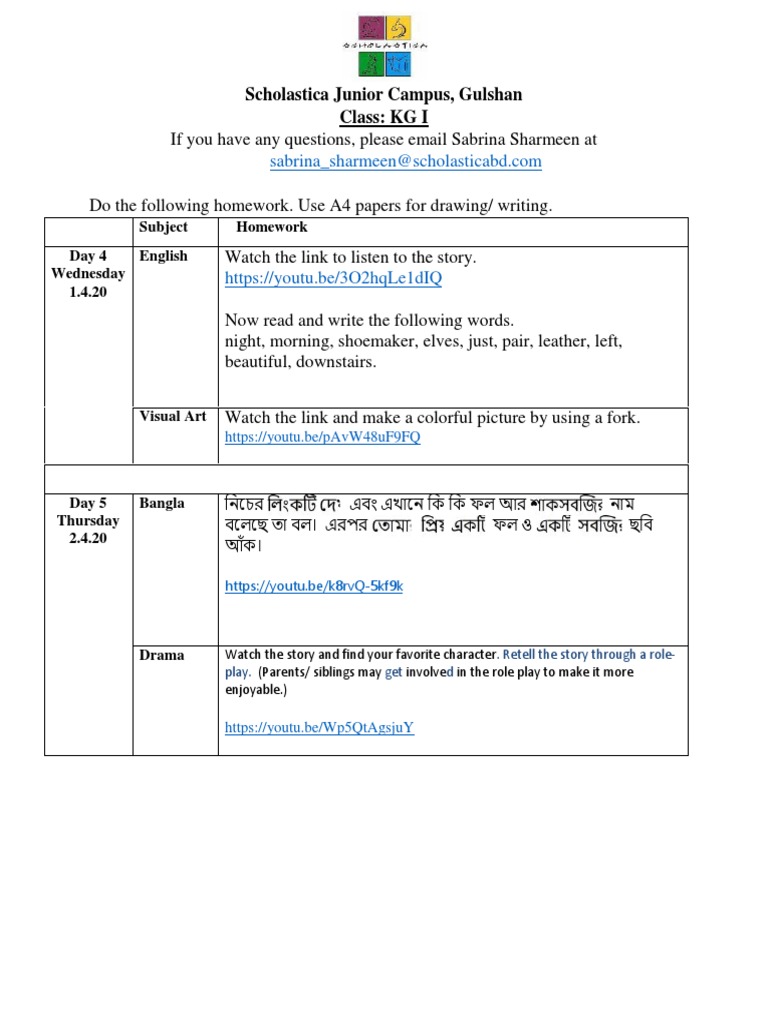 KG I Instruction Based Homework - 1st and 2nd April 2020 | PDF