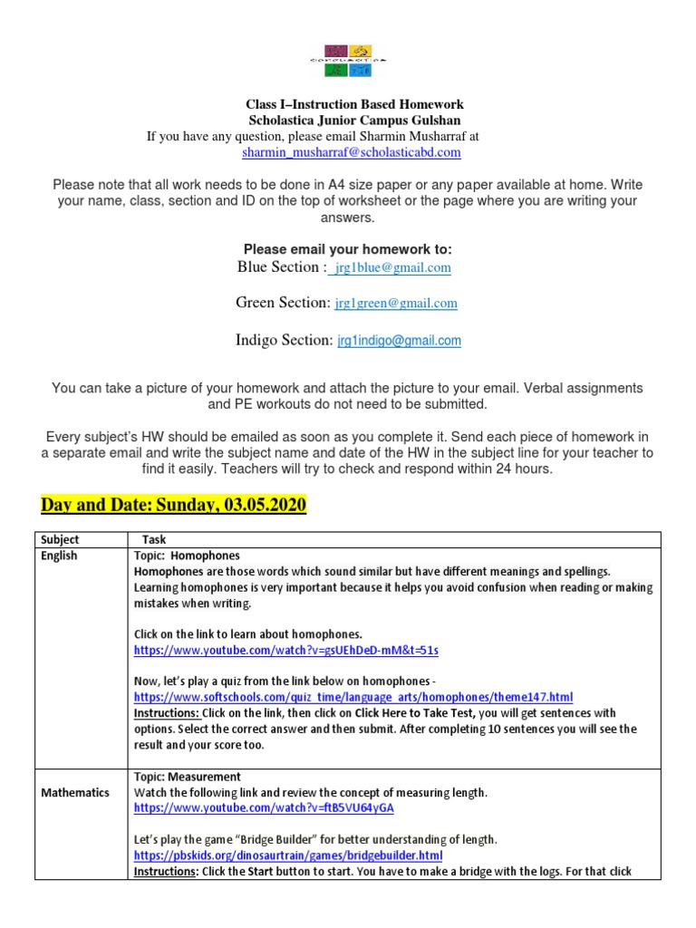 Instructional Homework Assignments from Scholastica Junior Campus ...