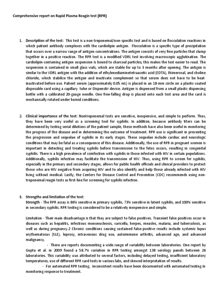 Comprehensive Report On Rapid Plasma Reagin Test (RPR) | PDF | Type I ...