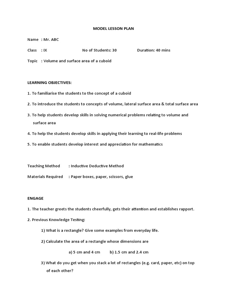 5E Lesson Plan | PDF | Area | Volume