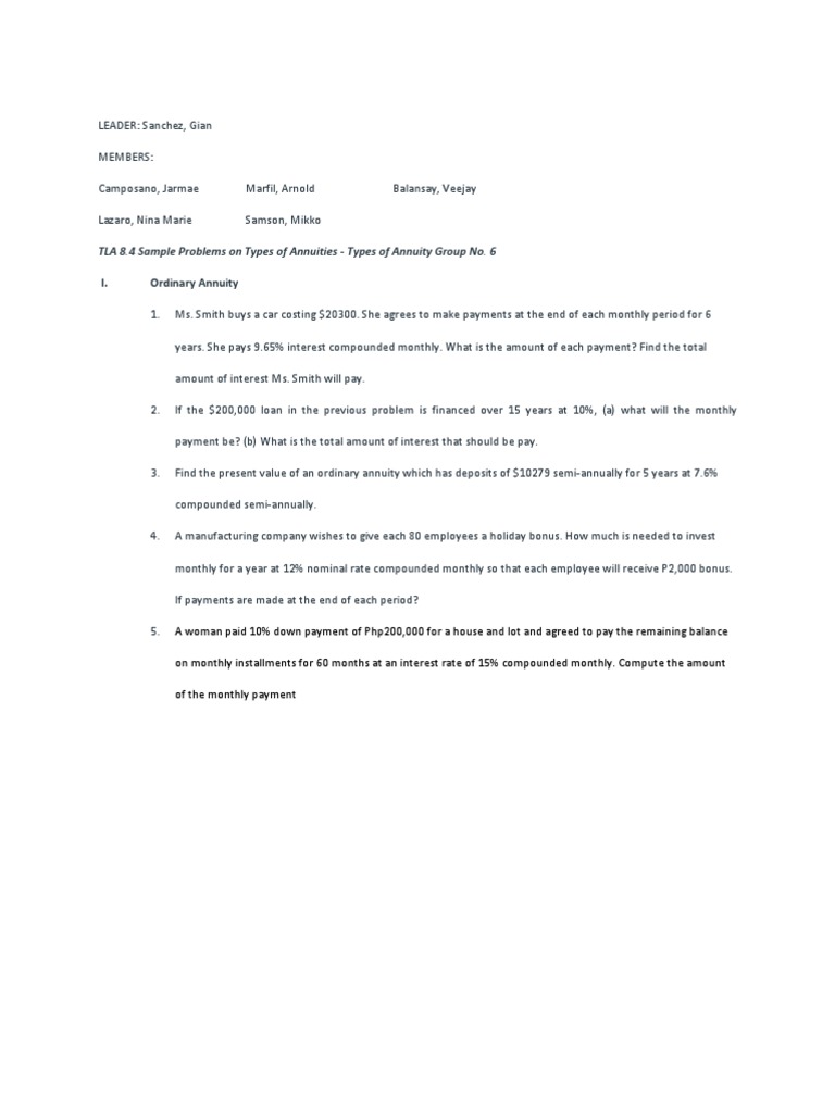 TLA 8.4 Sample Problems On Types of Annuities - Types of Annuity Group No. 6 PDF | PDF ...