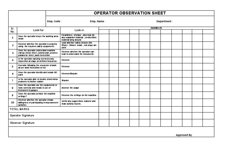 Operator Observation Sheet | PDF