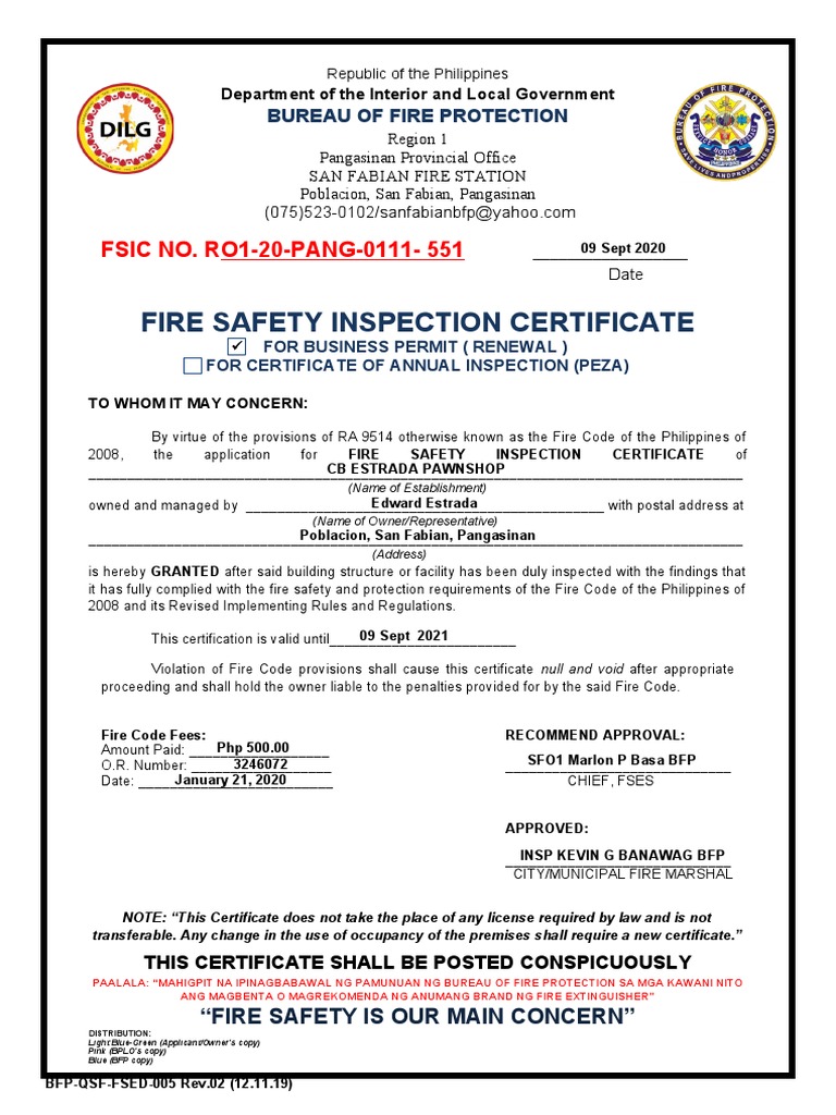 Fire Safety Inspection Certificate Granted to CB Estrada Pawnshop in ...