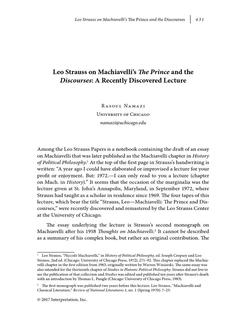 Leo Strauss, Machiavelli's The Prince and The Discourses A Recently ...