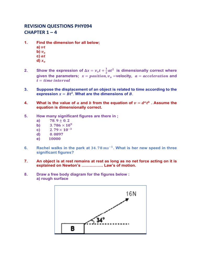 Dimensional Analysis and Kinematics Review: Questions Covering Displacement, Velocity ...