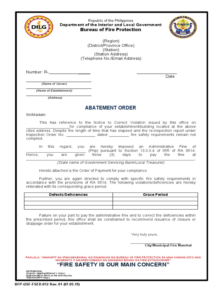 Abatement Order: Final Notice to Correct Fire Safety Violations at ...