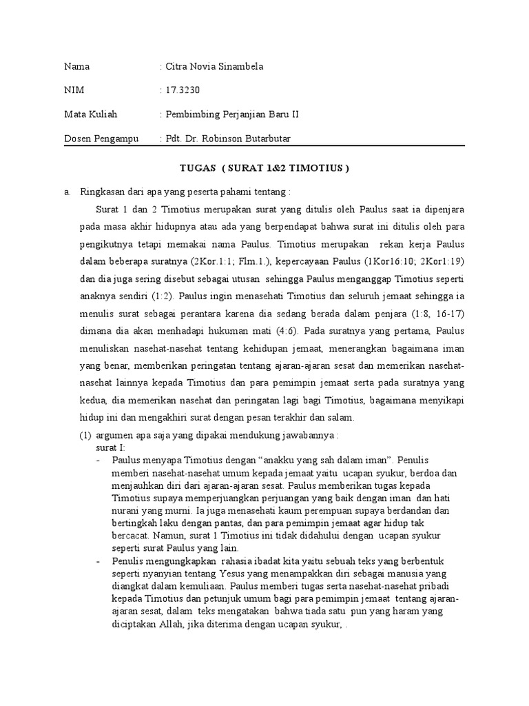 Analisis Surat 1&2 Timotius Paulus | PDF | Kajian Bahasa Asing | Agama ...
