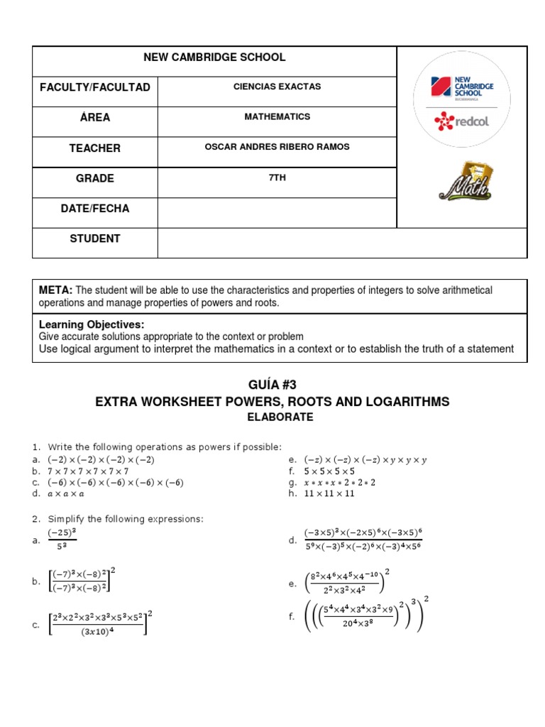 Powers and Roots Worksheet | PDF | Logarithm | Logic