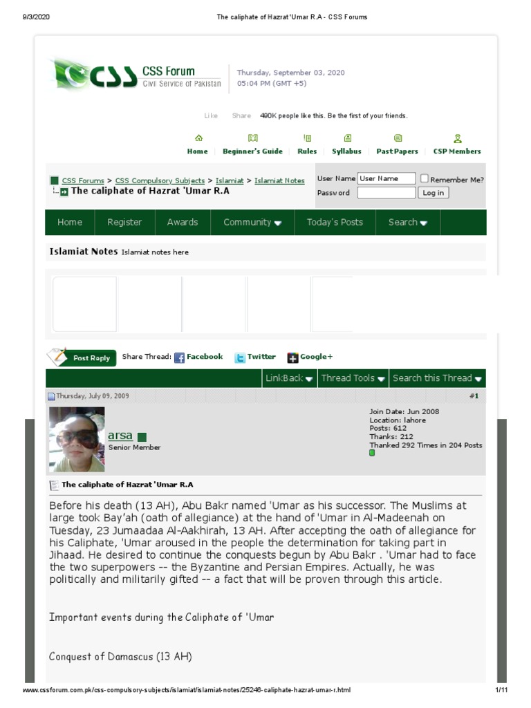 The Caliphate of Hazrat 'Umar R.A - CSS Forums | PDF | Umar | Caliphate