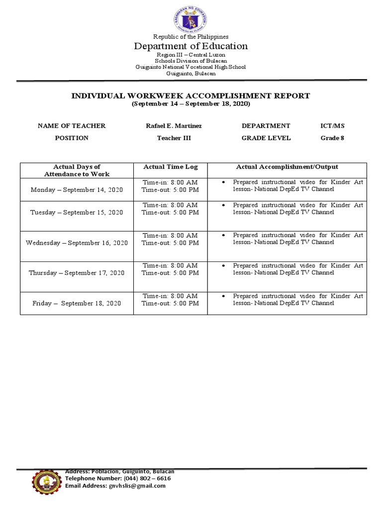 Department of Education: Individual Workweek Accomplishment Report ...