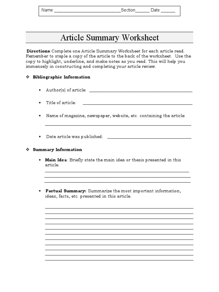 Directions:Complete One Article Summary Worksheet For Each Article Read ...